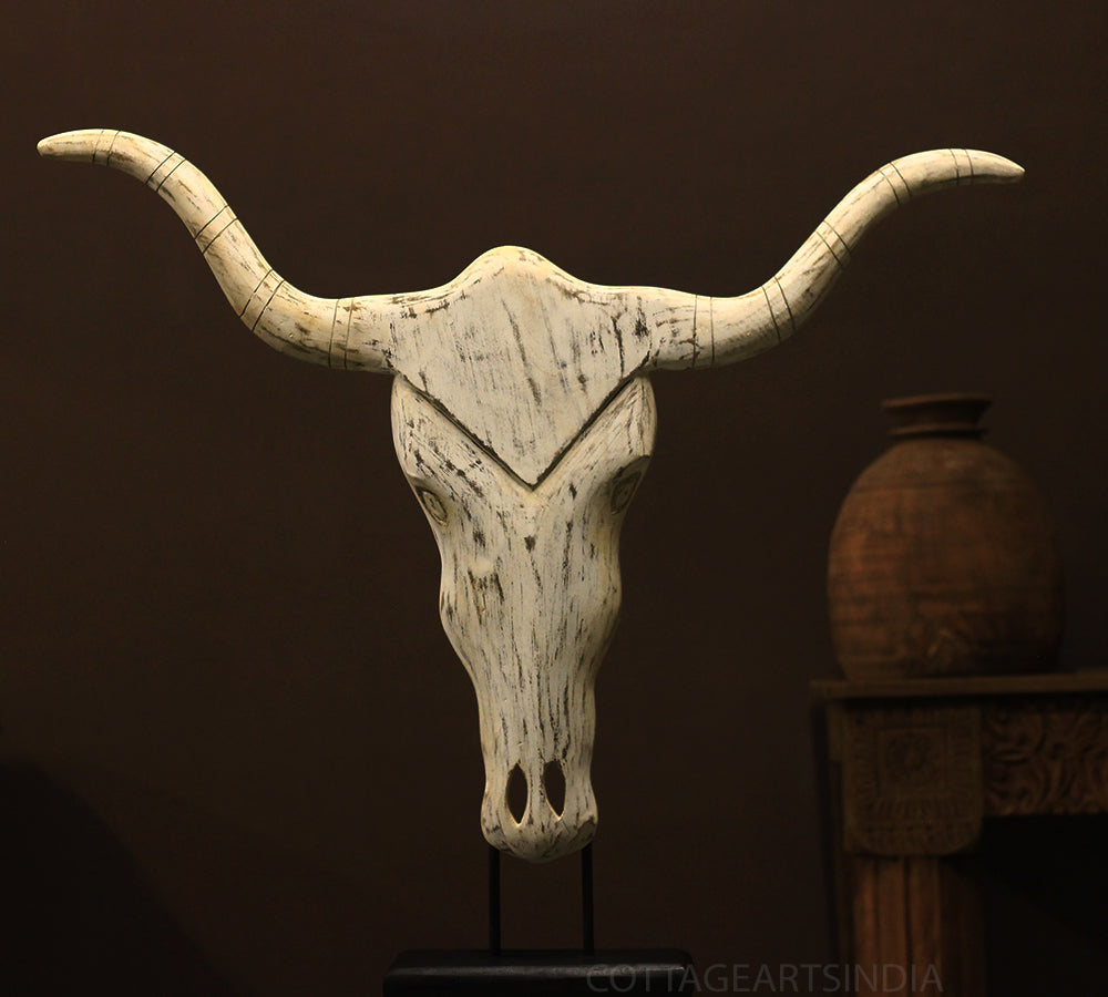 Wooden Long Horn Cow Sculpture | Rustic Statement Home Décor ...