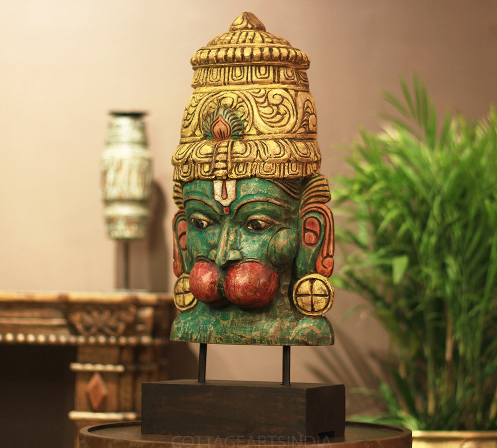 Wooden Hanuman Mask on Stand – CottageArts India