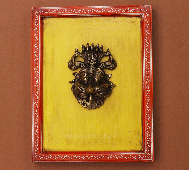 Brass Kirti Mukha Wall Mask Wooden Frame