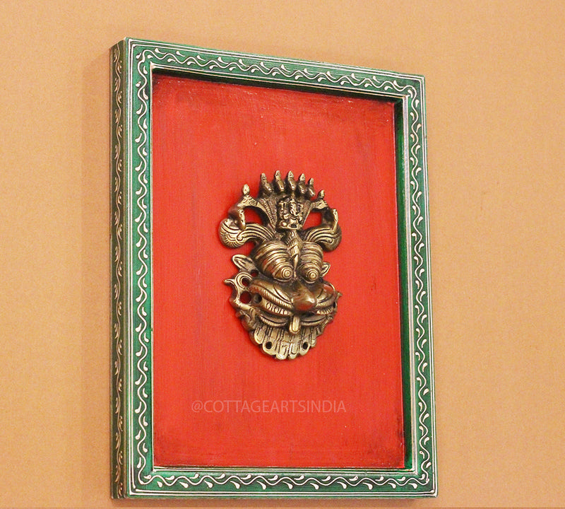 Brass Kirti Mukha Wall Mask Wooden Frame